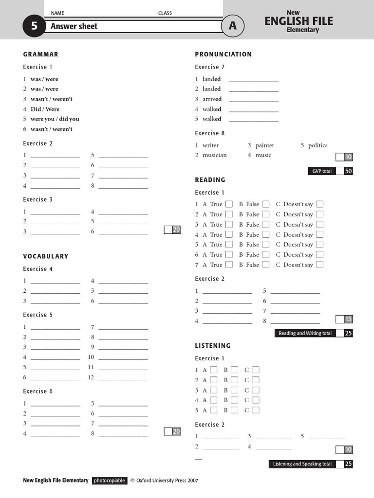 Nef Elem Filetest 5a Answersheet | PDF