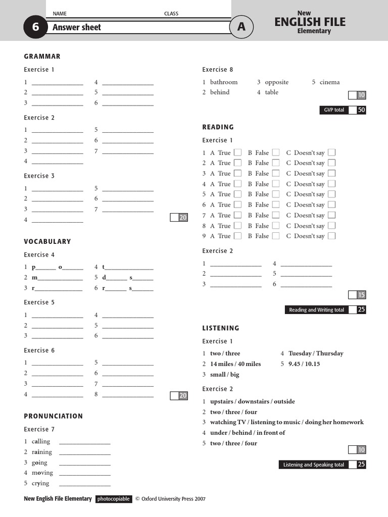 Nef Elem Filetest 6a Answersheet | PDF