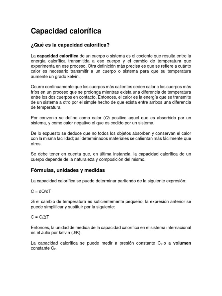 Capacidad Calorífica: Definición y Fórmulas | PDF | Calor | Capacidad ...