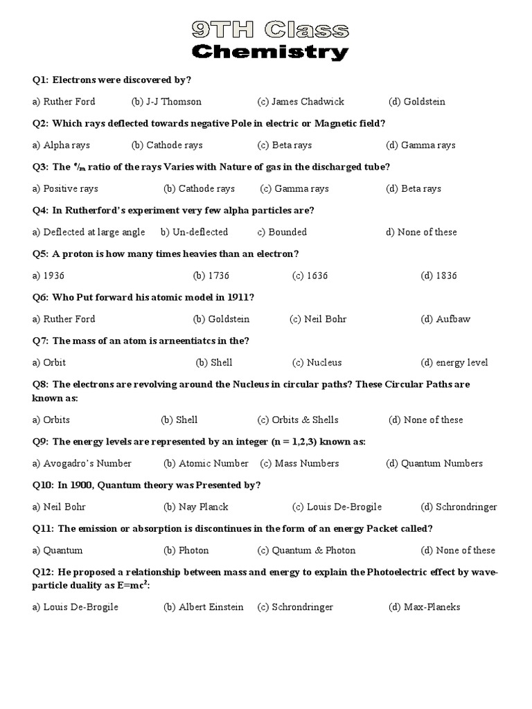 Ninth Calss Test Paper | PDF | Electron | Atoms