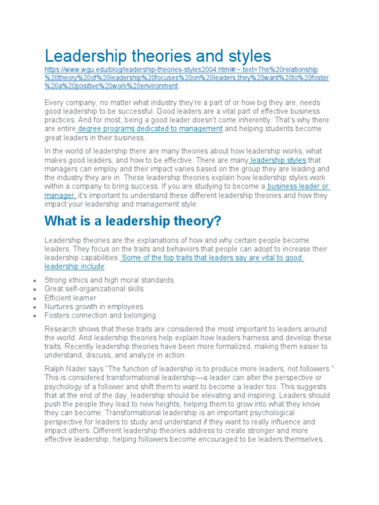 Leadership Theories and Styles Explained | PDF | Leadership ...