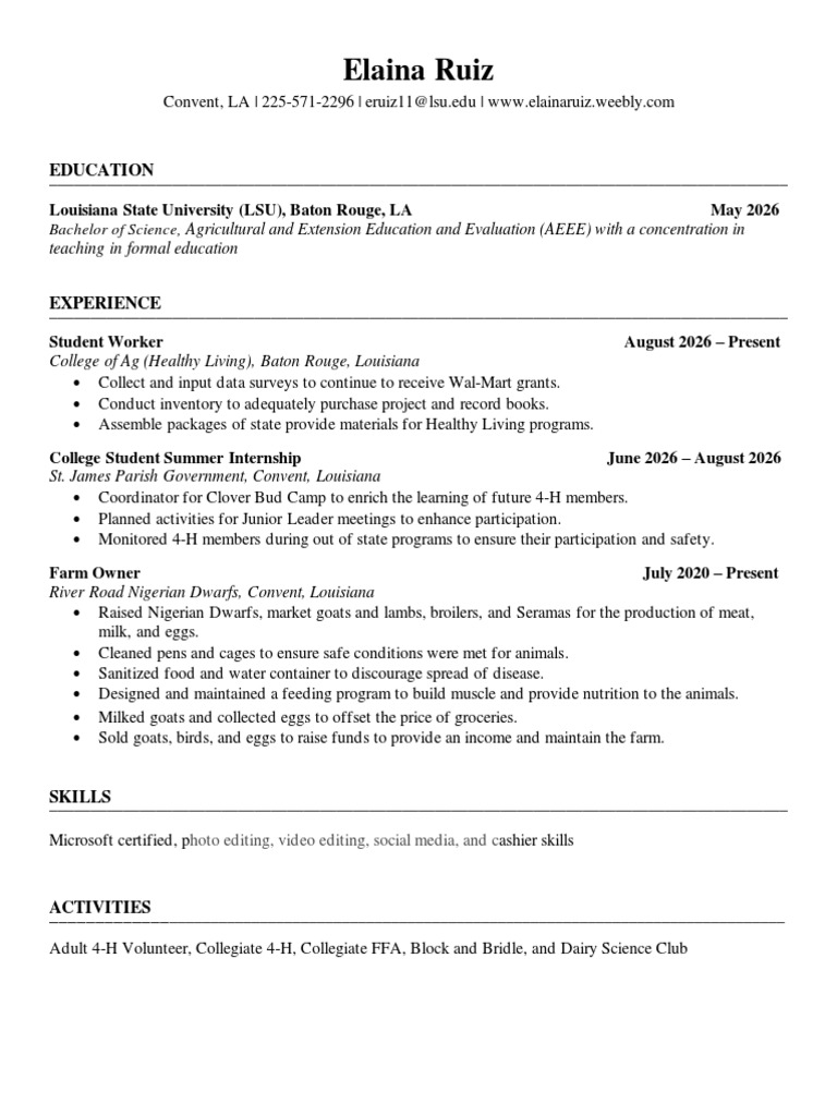 Agri-1001-Resume-Elaina-Ruiz 1 | PDF | Wellness | Technology & Engineering