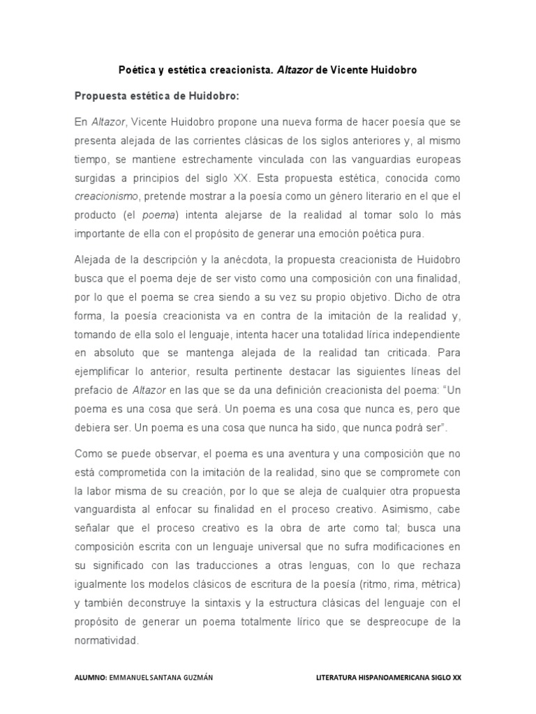 Poética y Estética Creacionista Altazor de Vicente Huidobro | PDF ...