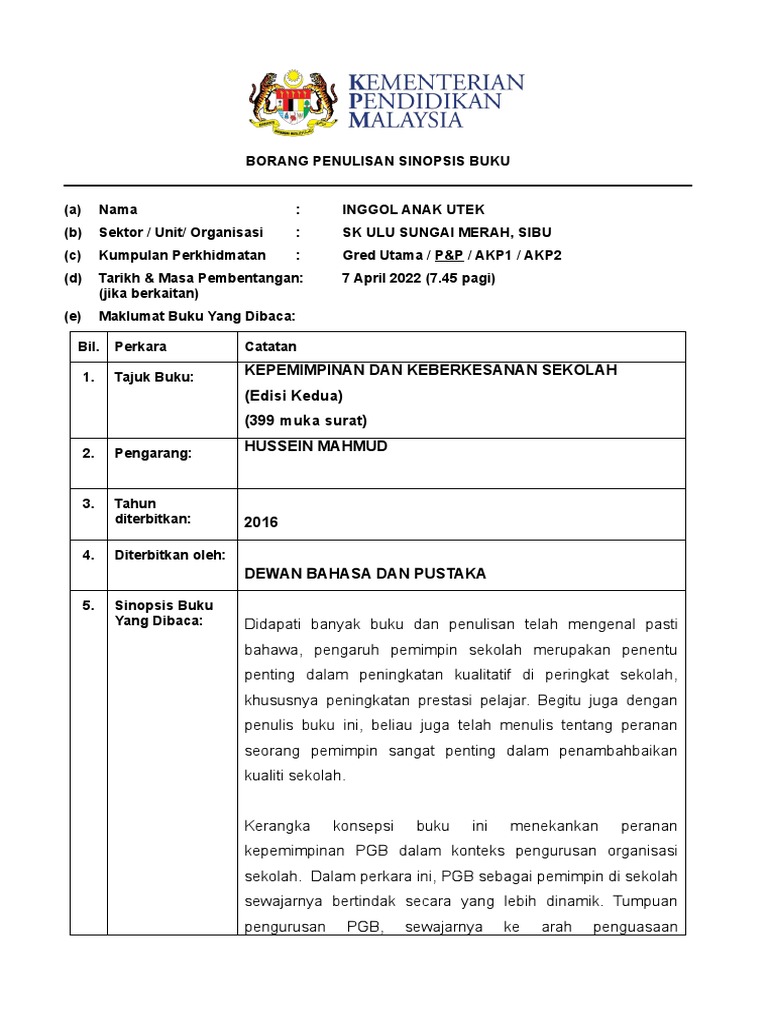 Borang Penulisan Sinopsis Buku SPLKPM INGGOL SRSW3 | PDF Borang Penulisan Sinopsis Buku SPLKPM INGGOL SRSW3 | PDF