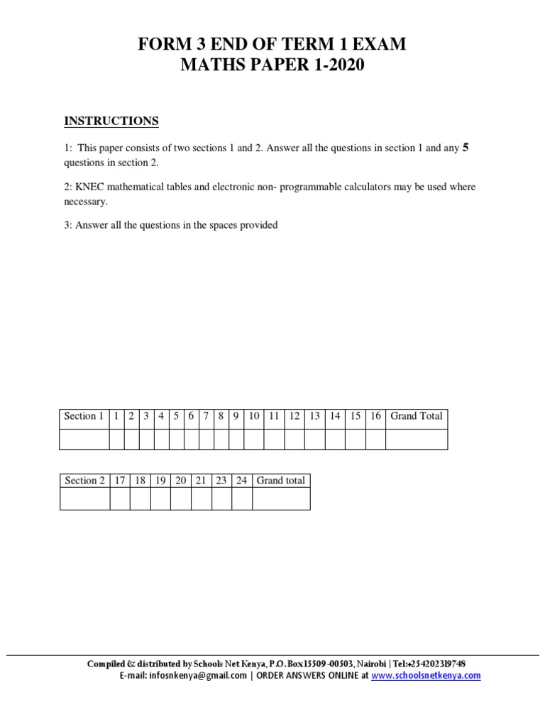Maths Paper 1 Form 3 2020 | PDF | Circle | Area