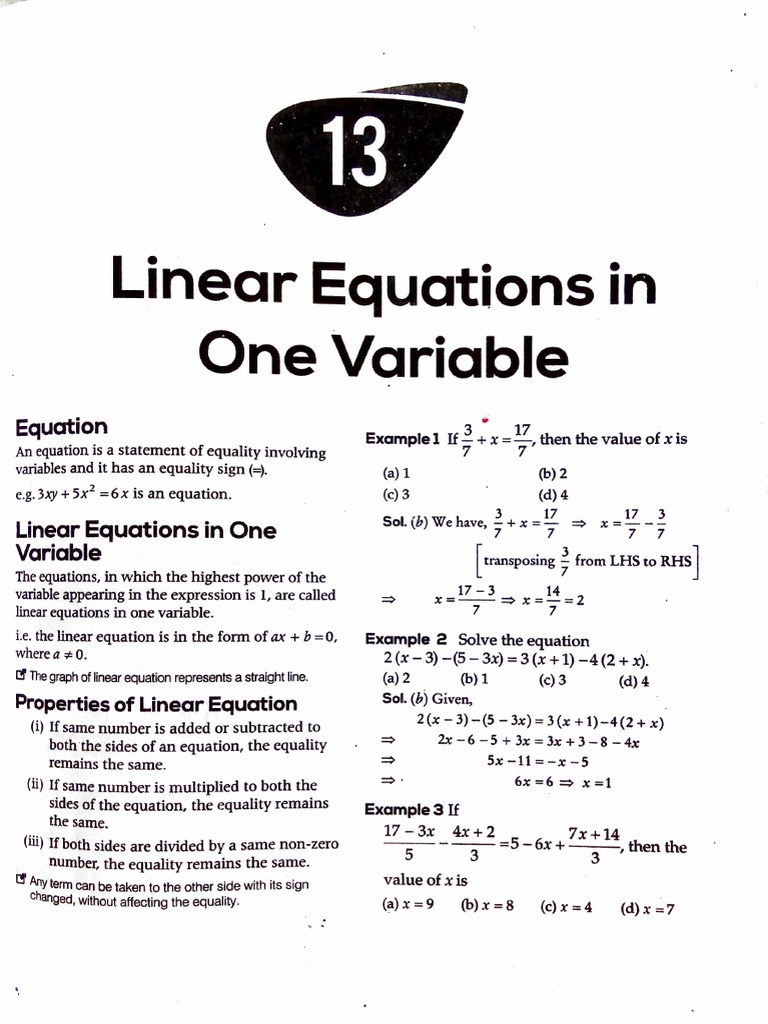 Linear Equation in One Variable | PDF