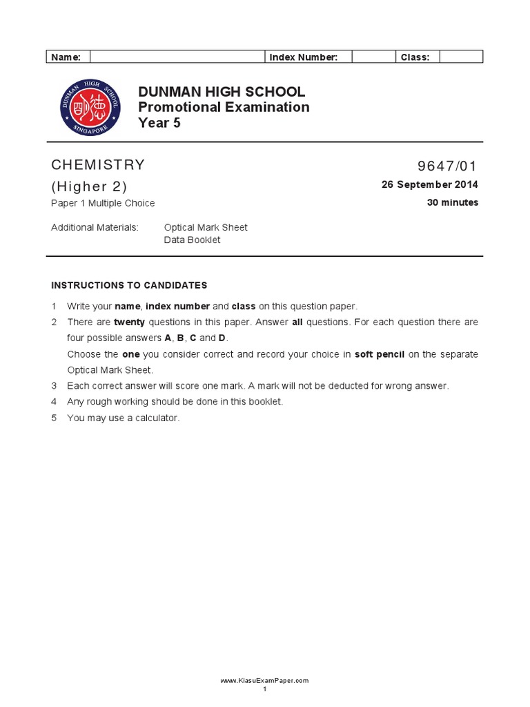 2014 H2 Chem Promo (DHS) - PK | PDF | Chemical Equilibrium | Chemical Bond