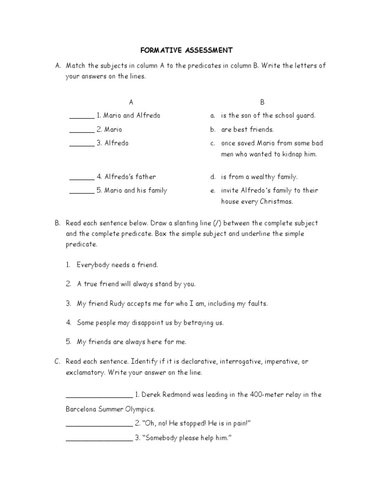 Formative Assessment on Subjects and Sentences | PDF | Language Arts ...
