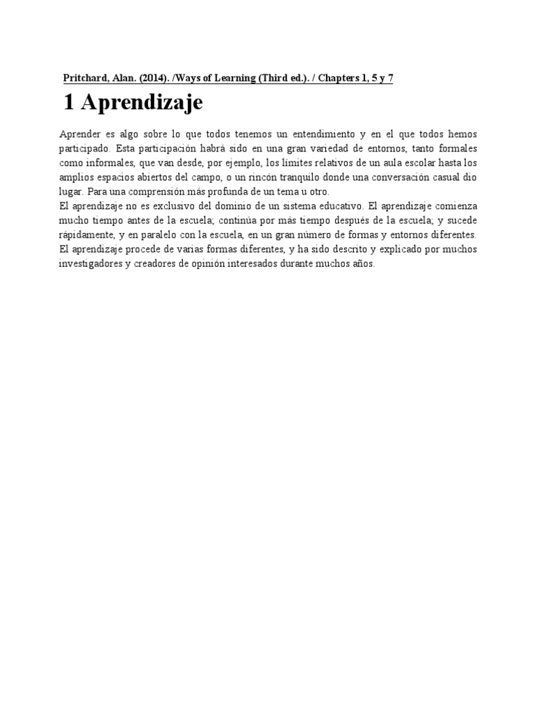Pritchard, Alan. (2014) - Ways of Learning (Third Ed.) - Chapters 1, 5 y 7. Trad. Español. | PDF ...