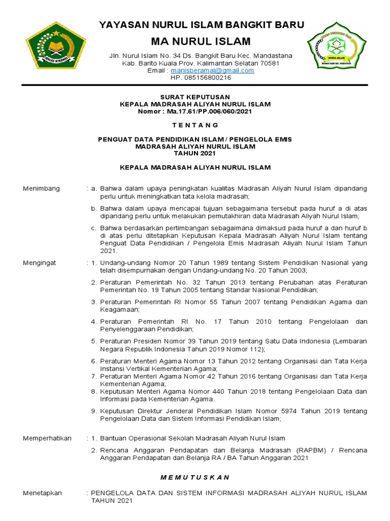 Contoh SK Operator Madrasah | PDF