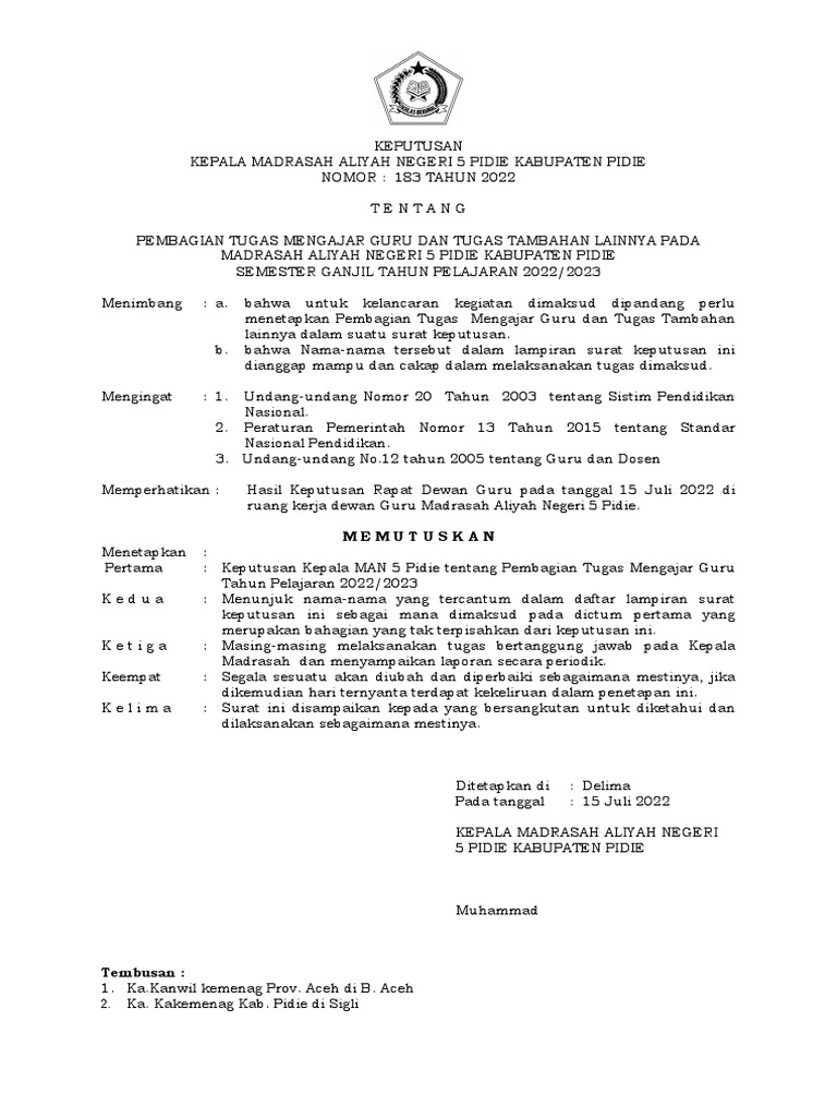 SK Pembagian Tugas Mengajar SMT Genap THN 2022-2023 | PDF