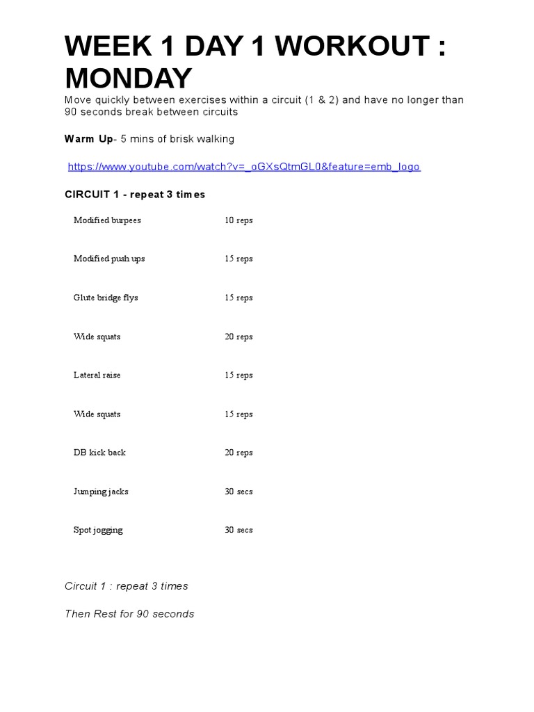 Week 1 Day 1 Workout | PDF