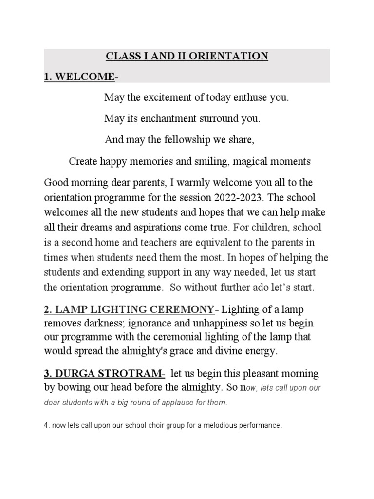 CLASS 1 AND 2 Orientation Programme | PDF | Reading Comprehension | Psychological Concepts