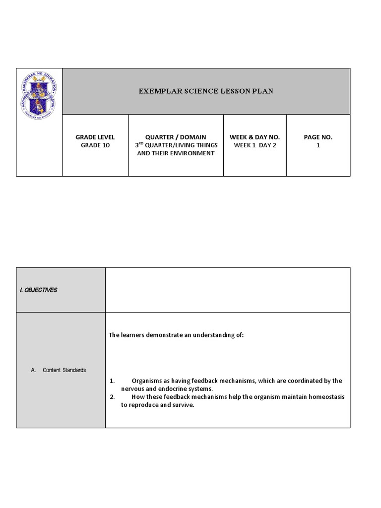 Exemplar Science Lesson Plan: Grade Level Quarter / Domain 3 Week & Day No. Page No | Download ...