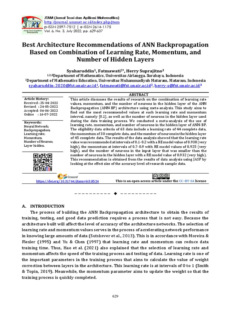 Best Architecture Recommendations of ANN Backpropagation Based On Combination of Learning Rate ...