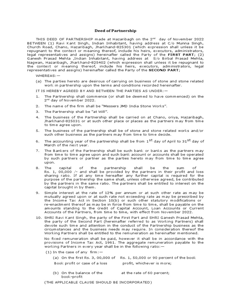 Deed of Partnership | PDF | Partnership | Interest