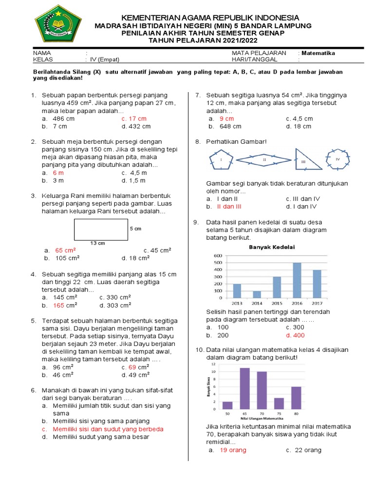 SOAL UAS KELAS 4 MTK SMT 2 2021 GG | PDF