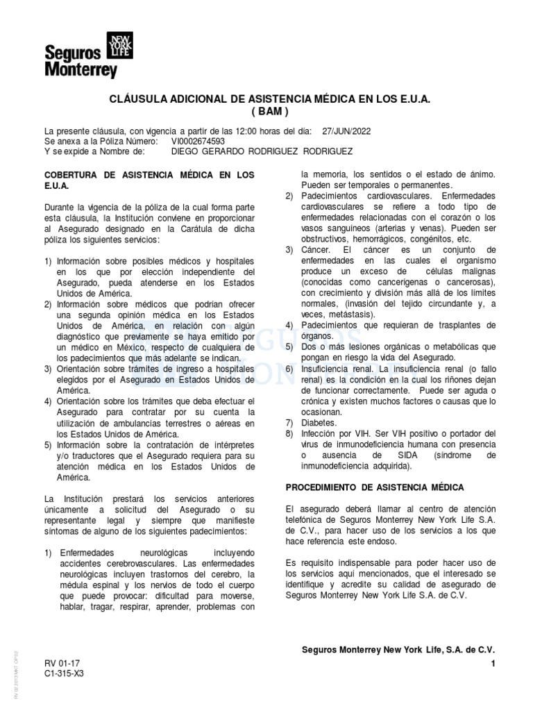 Clausula Adicional de Asistencia Medica (Bam) - 165923006 | PDF | Póliza de seguros | Cáncer