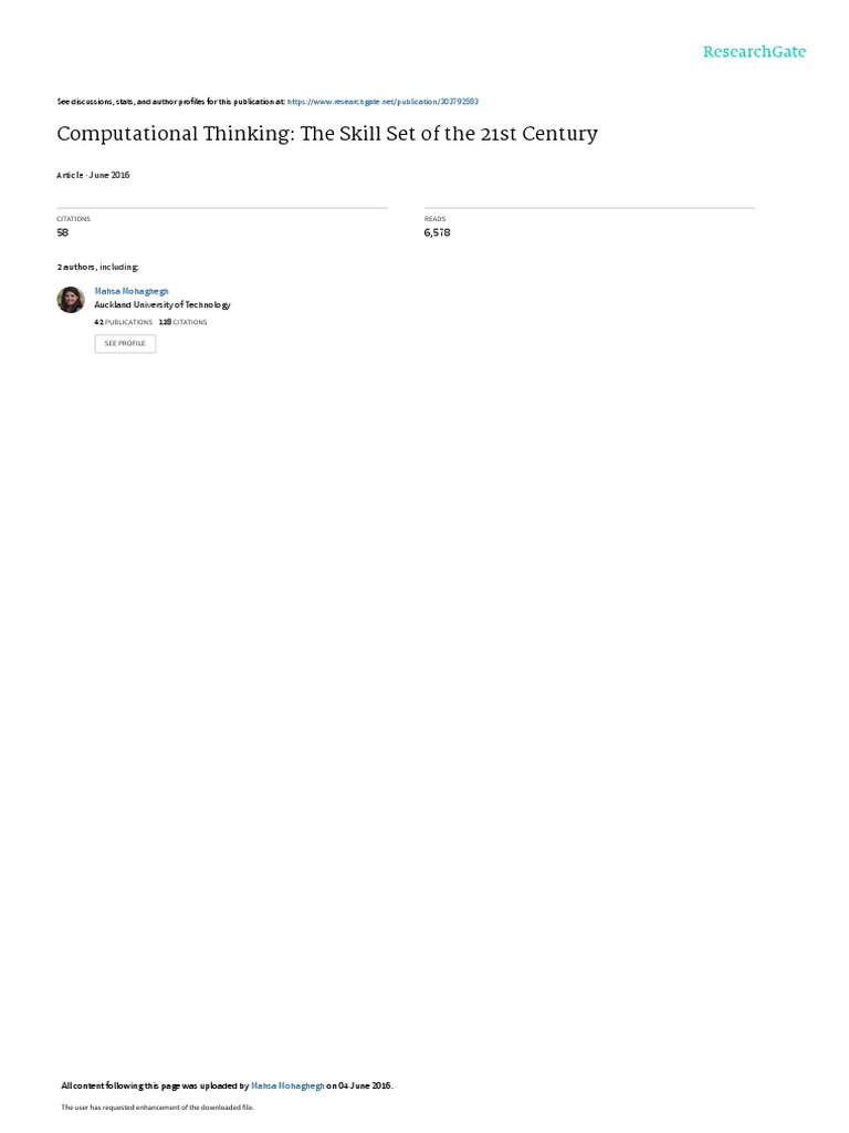 Computational Thinking The Skill Set Of The 21st Century Pdf Thought Computer Science