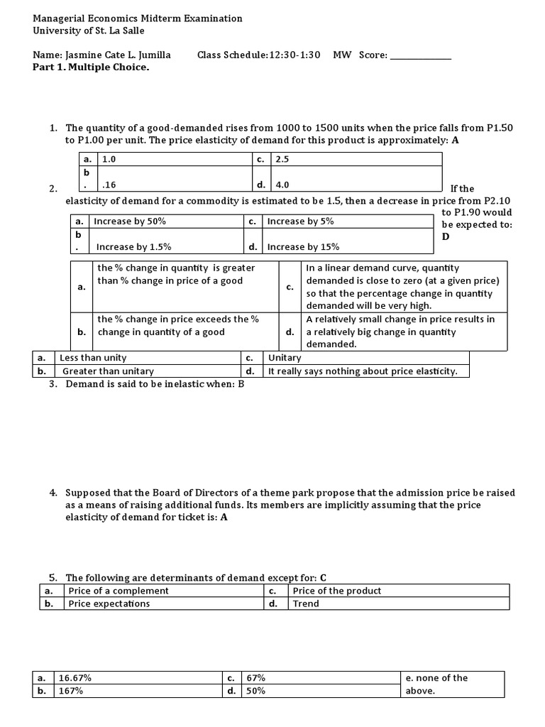 An Analysis of a Managerial Economics Midterm Examination: Determining Price Elasticity of ...