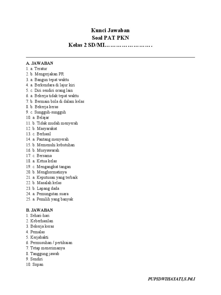 Kunci Jawaban PAT PKN Kelas 2 | PDF