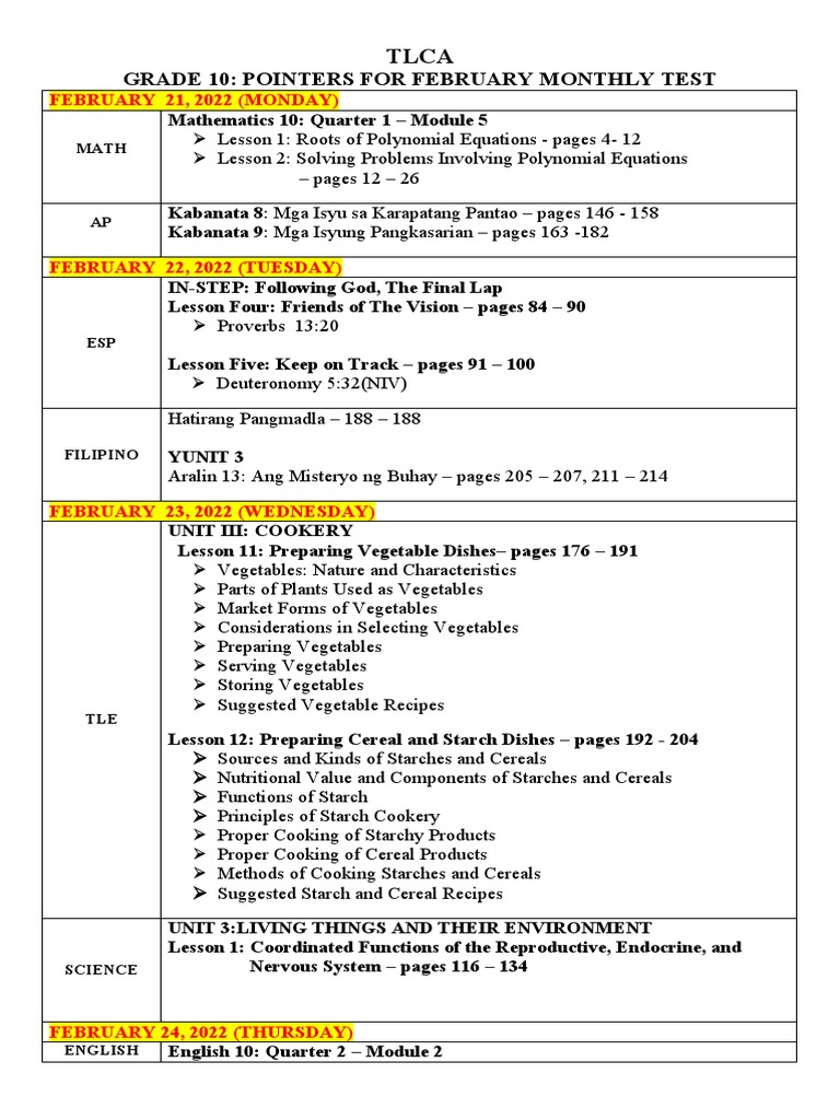 Grade 10 February Pointers | PDF | Cooking | Vegetables