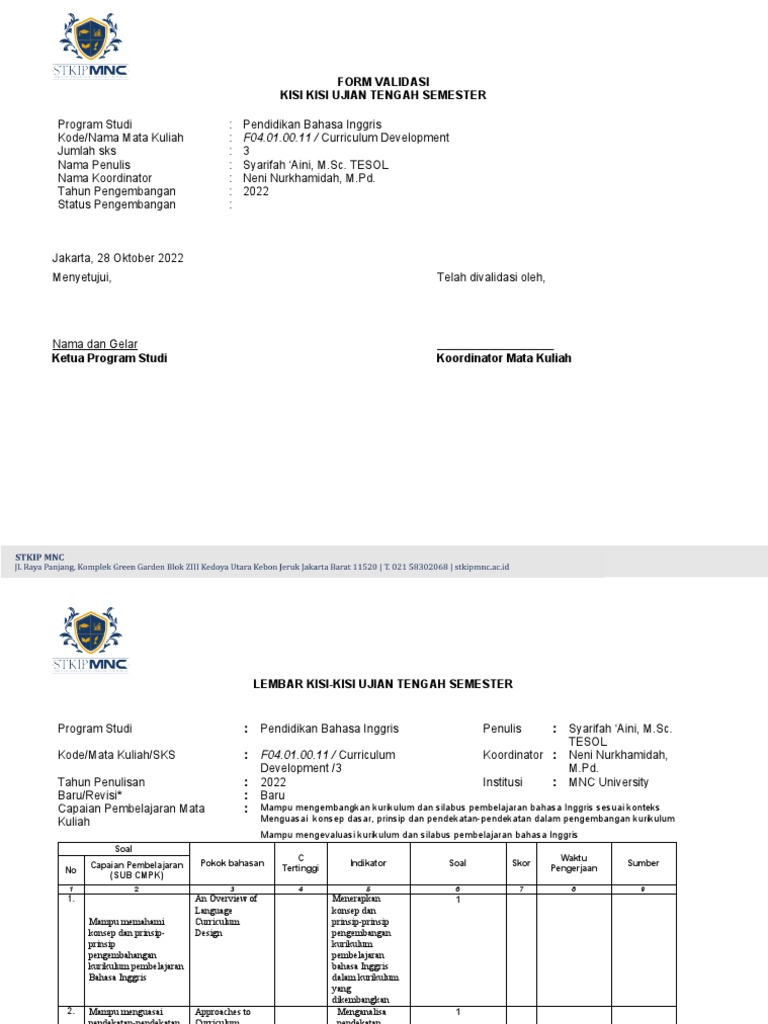 Soal Uts Gasal 2022-2023 Semester 3 Curriculum Development Reguler | PDF