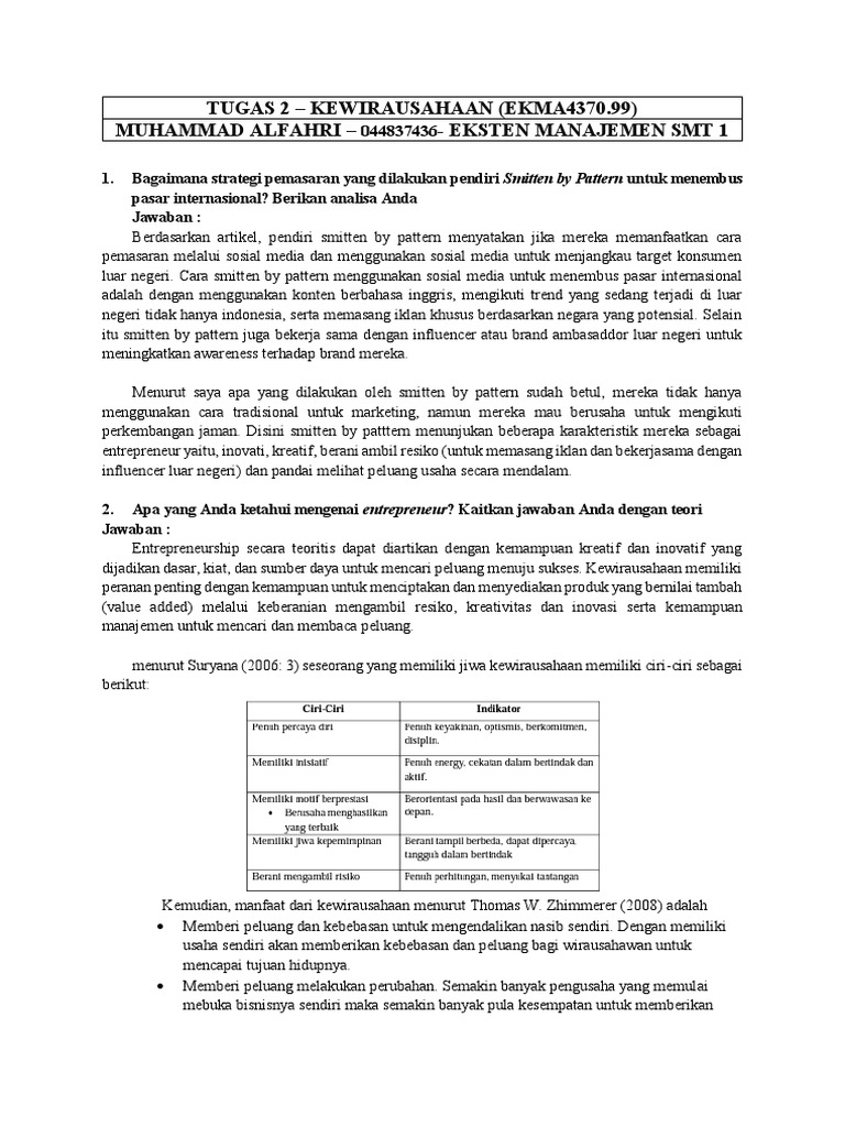 Muhammad Alfahri - 044837436 - Tugas 2 - Kewirausahaan Ekma4370 - 99 | PDF | Bisnis | Ilmu Sosial