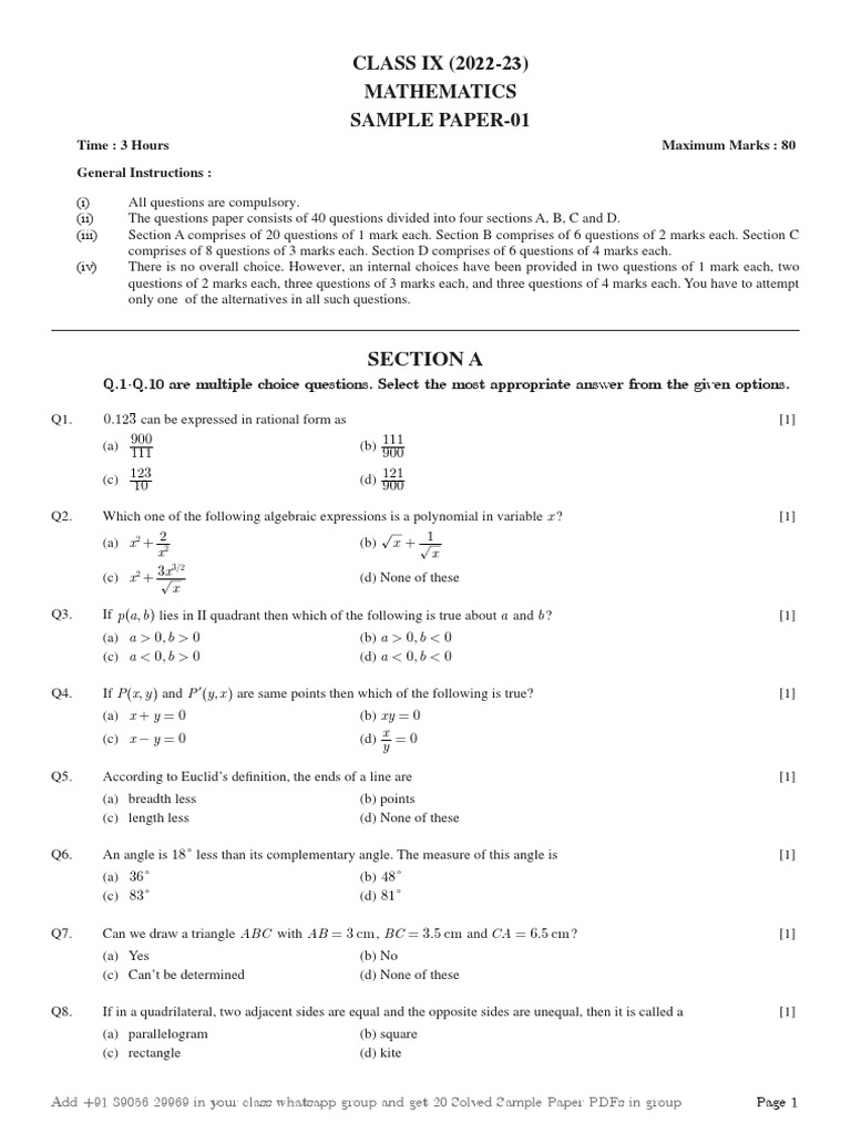 Section A: Class Ix (20 22-23) Mathematics Sample Paper-01 | PDF | Area ...