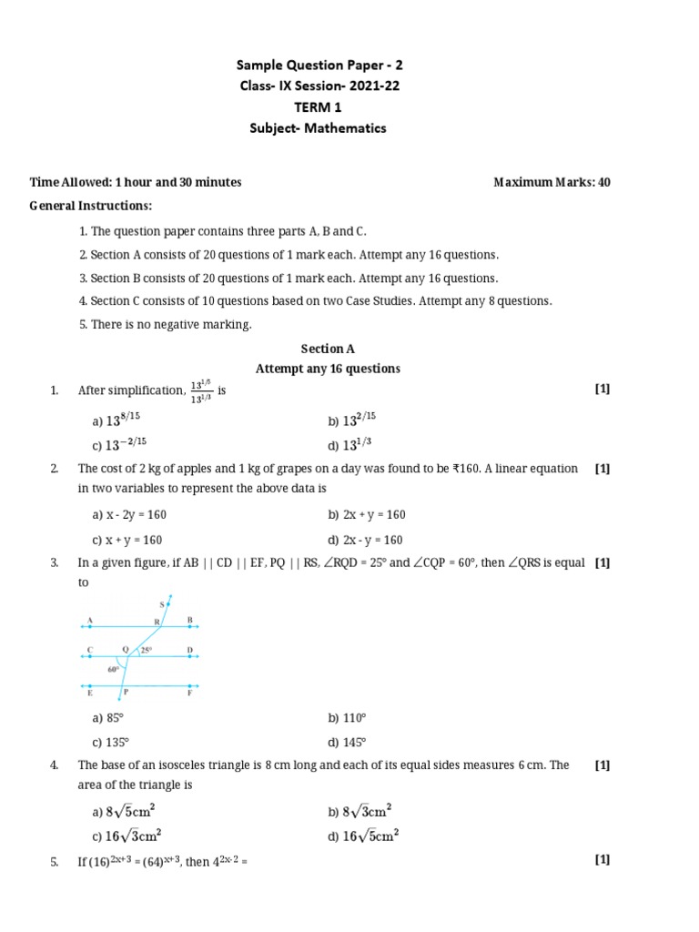 Sample Question Paper - 2 Class-IX Session - 2021-22 | PDF | Angle ...