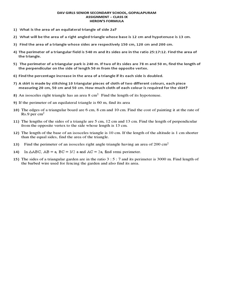DAV Girls School Heron's Formula Assignment Class IX | PDF