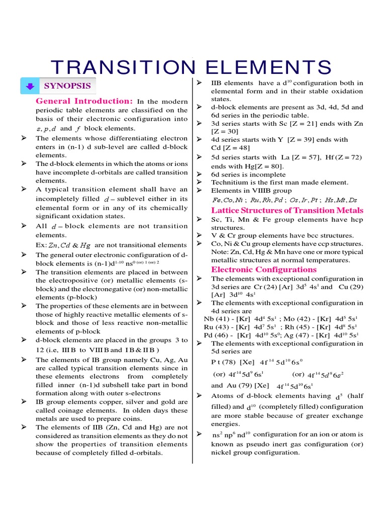 Transition Elements | PDF | Transition Metals | Electron Configuration