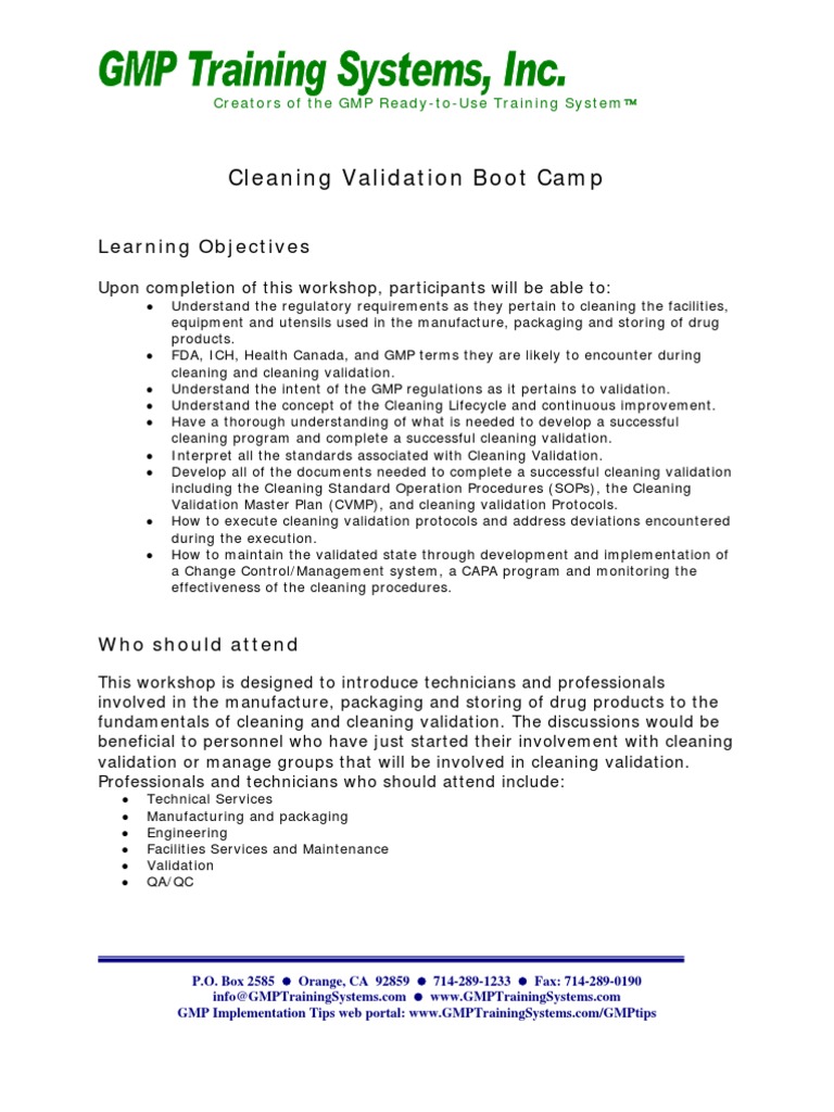 Cleaning Validation Boot Camp | PDF | Verification And Validation | Communications Protocols