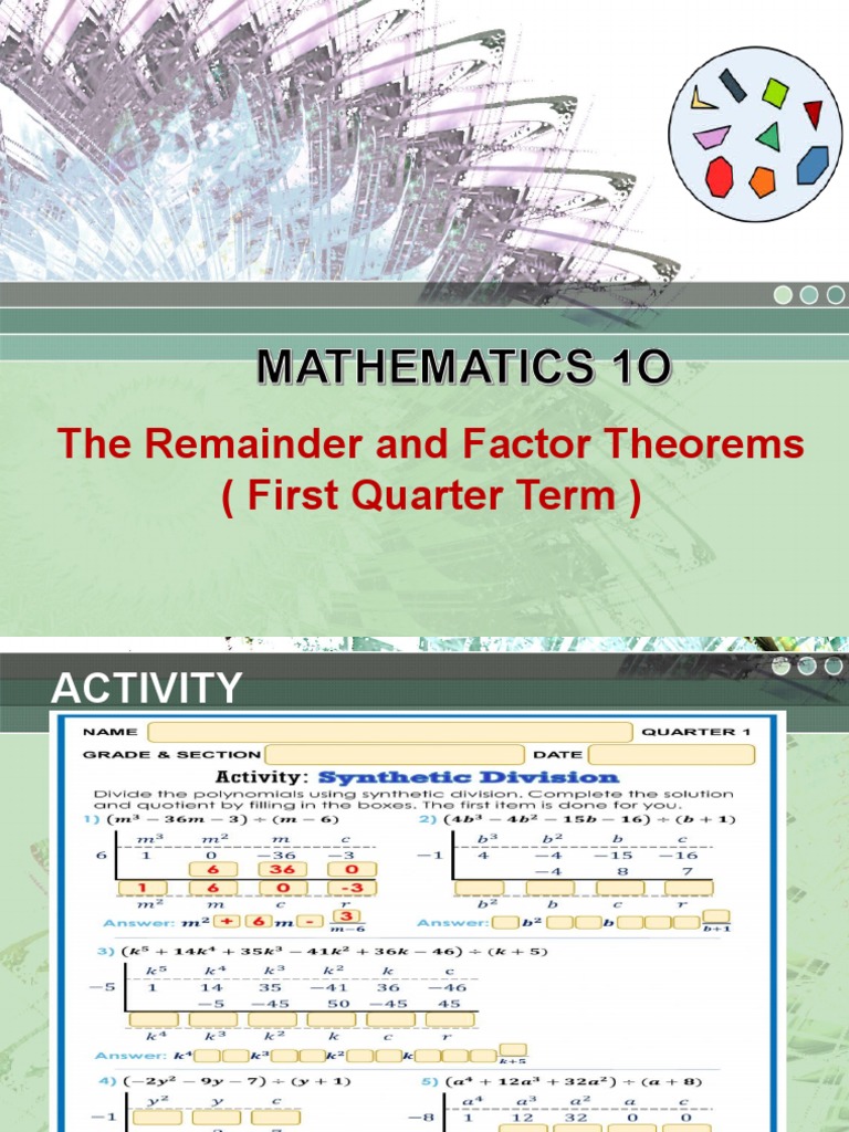Remainderfactortheorem PPT Math-10 | PDF | Factorization | Polynomial