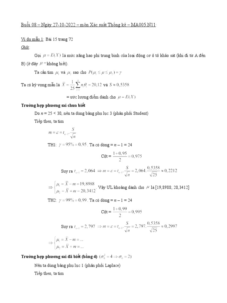 Buoi 08 - Ngay 27-10-2022 - Mon Xac Suat Thong Ke - MA005.N11 | PDF