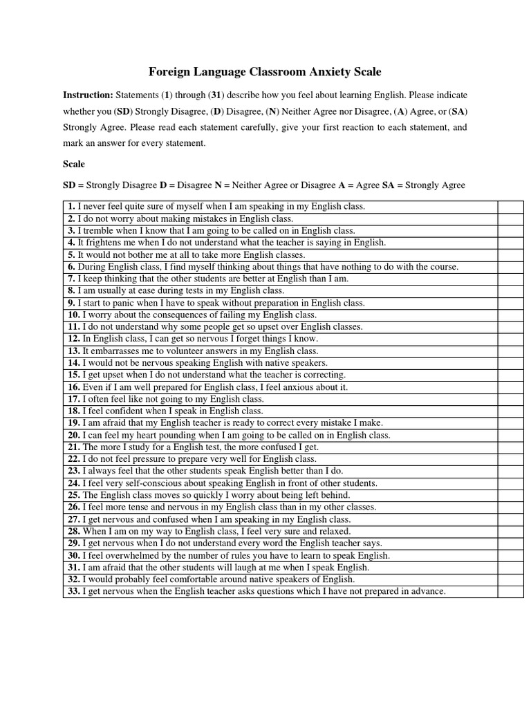 Foreign Language Classroom Anxiety Scale | PDF | English Language ...