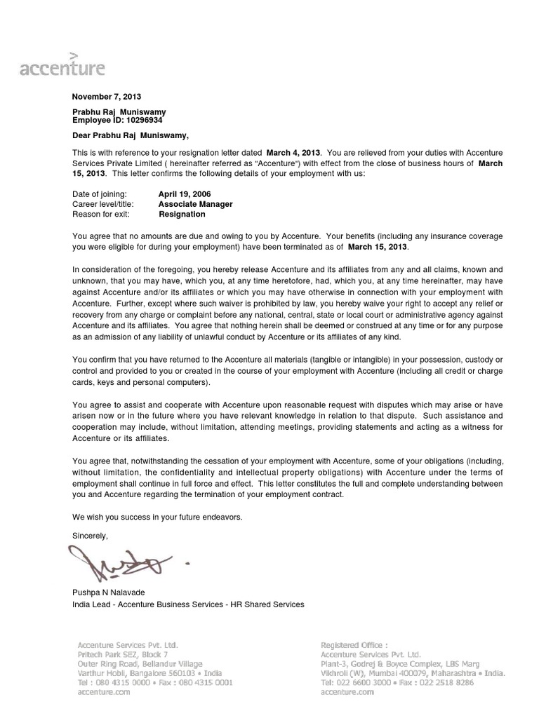 Accenture Relieving Letter for Prabhu Raj | PDF | Employment | Common Law