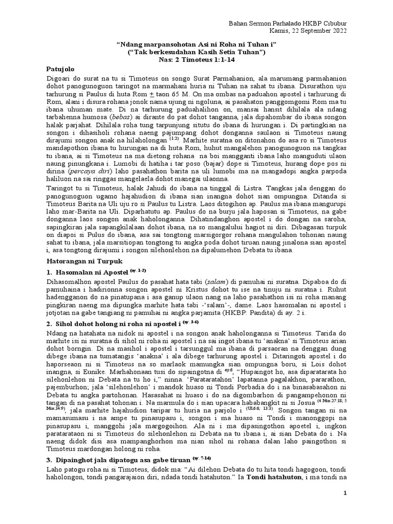 2 Timoteus 1 1 14 Sermon Parhalado PDF