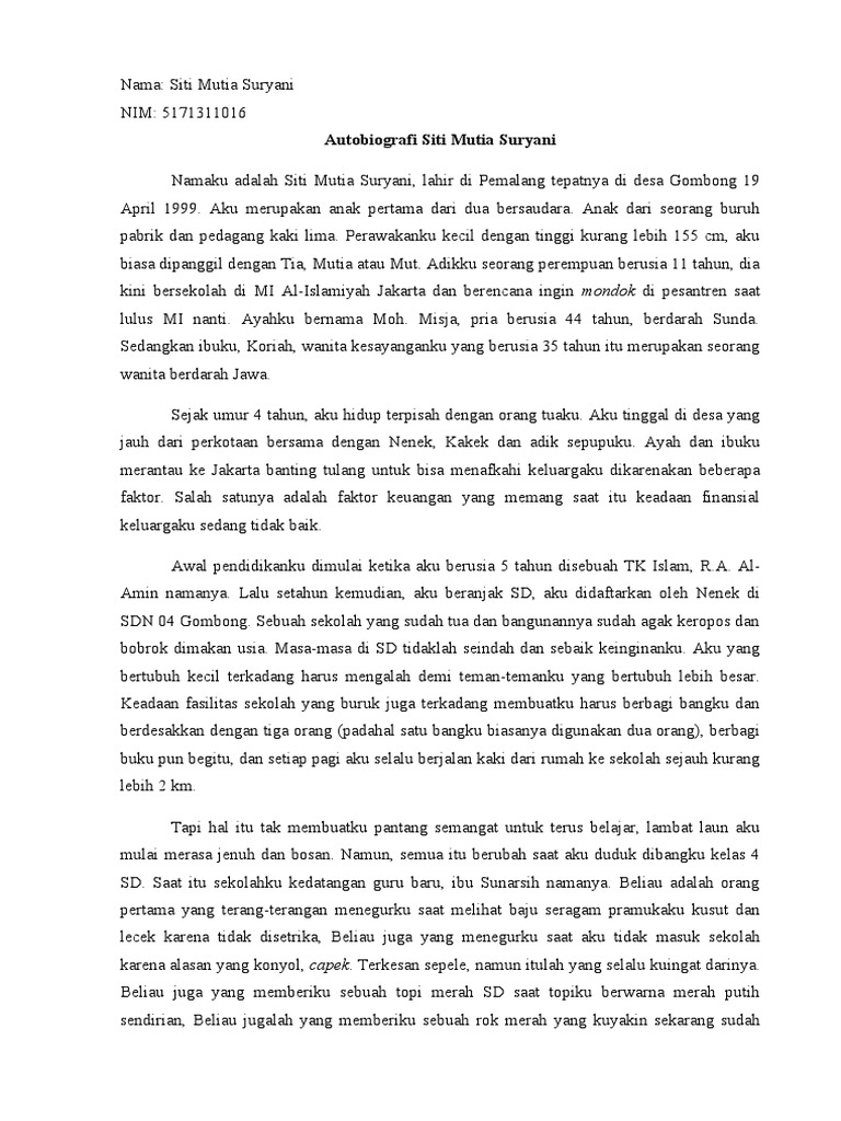 Autobiografi Siti Mutia Suryani | PDF | Seni & Disiplin Bahasa ...
