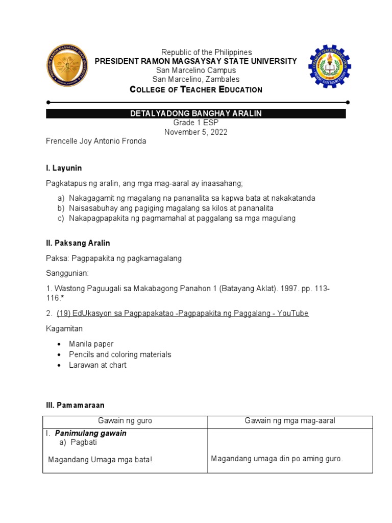 Banghay Aralin Sa Esp 1 | PDF