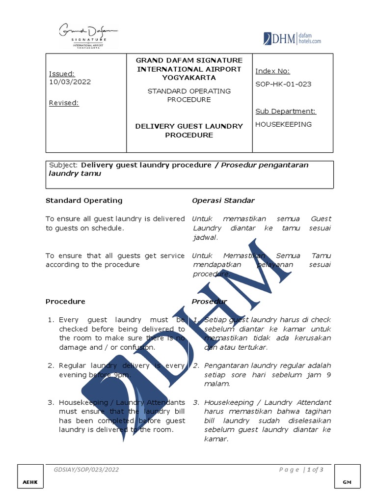 Guest Laundry Delivery SOP Yogyakarta | PDF