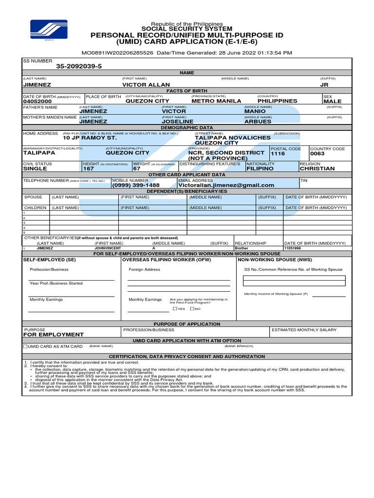 Application for a Social Security System Personal Record/Unified Multi ...