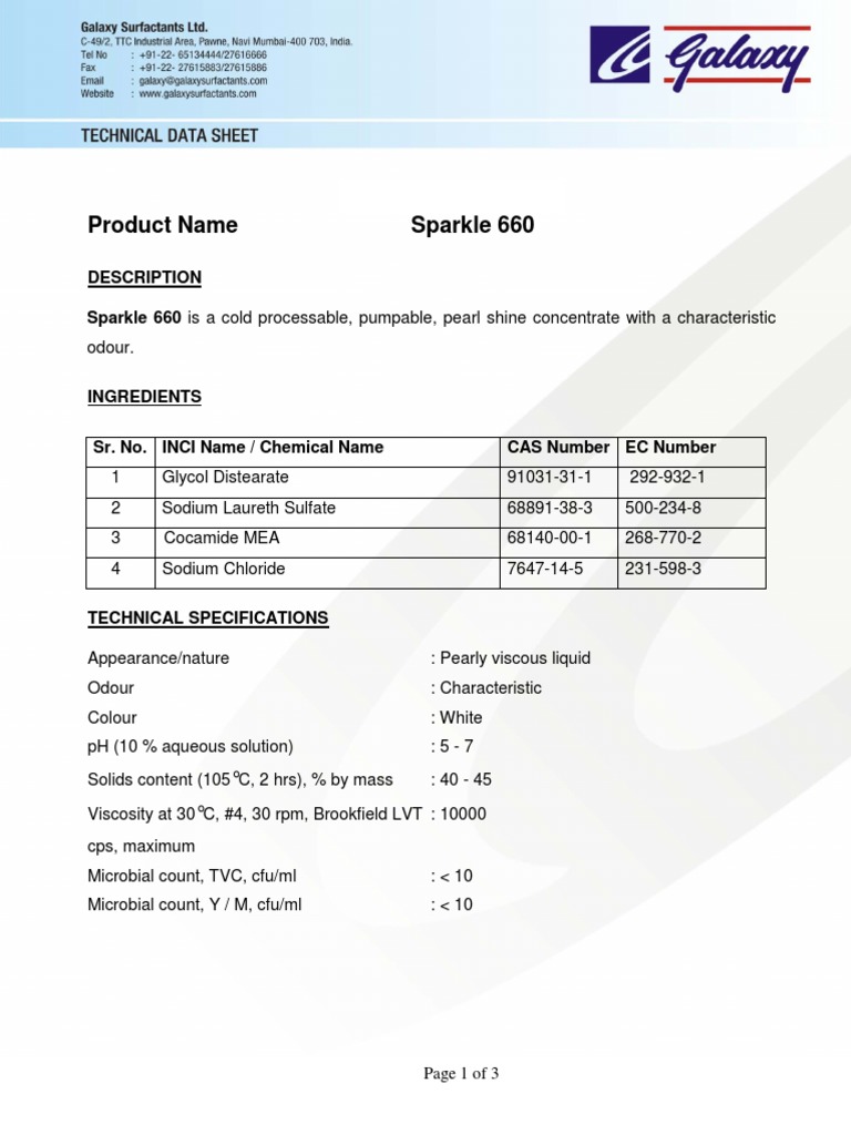 Sparkle 660: Pearlescent Surfactant Info | PDF | Viscosity | Corrosion