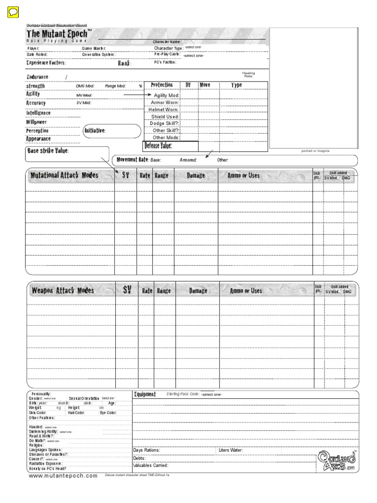 TME-character-sheet-2page-Deluxe-Mutant - Form Fillable | PDF | Mutation