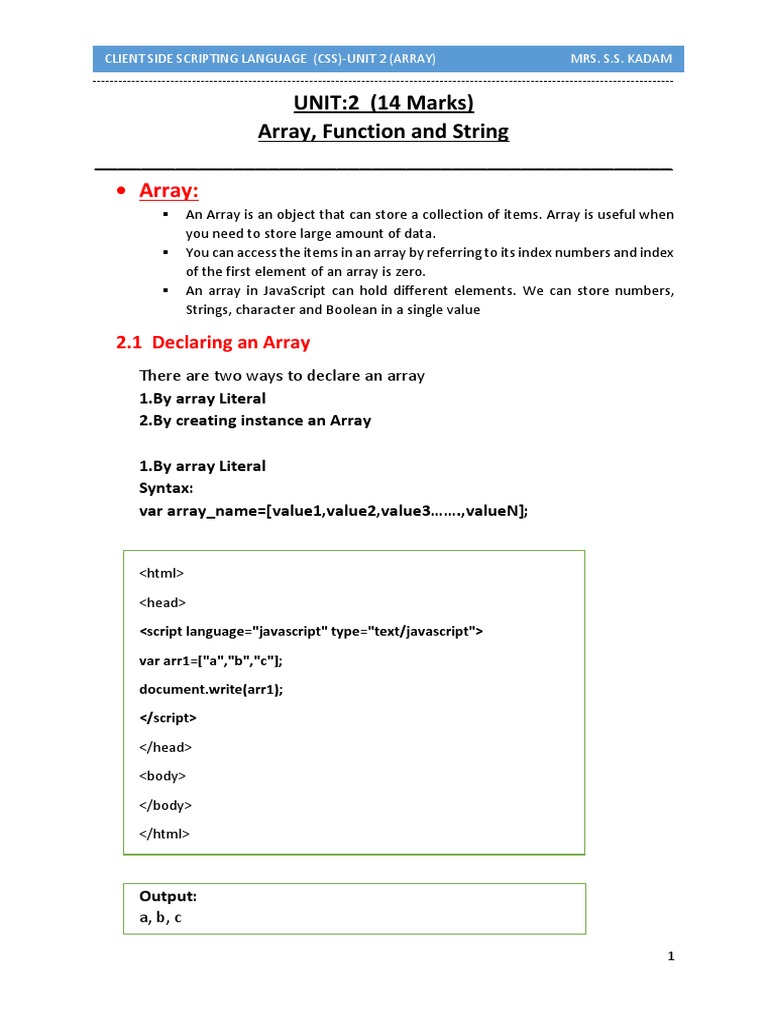 Unit2 Array Notes Pdf Array Data Type Java Script 2473