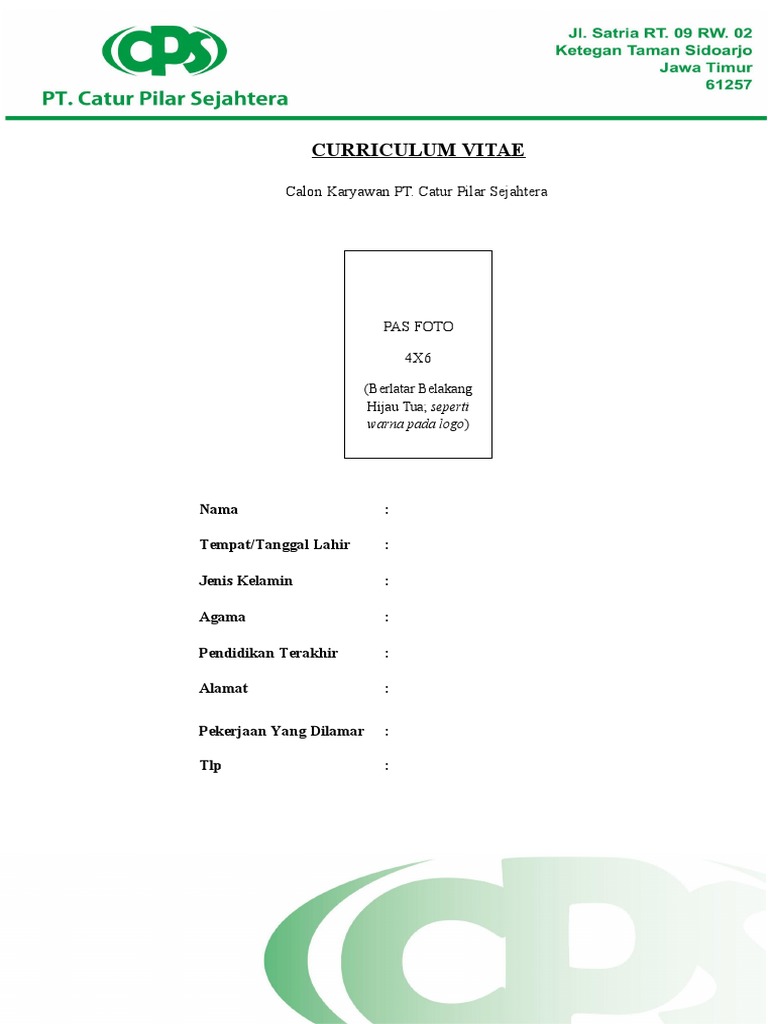 Form Identitas Diri Calon Karyawan PT. Catur Pilar Sejahtera | PDF