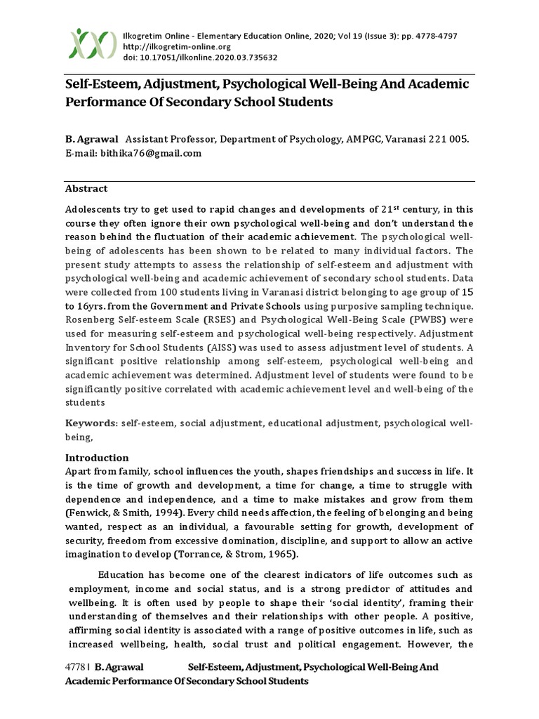 Secondary students' self-esteem, adjustment, well-being and academic ...