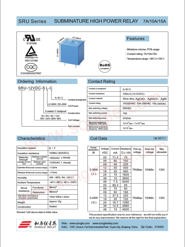 Subminature High Power Relay SRU Series: C US Features | PDF | Inductor ...