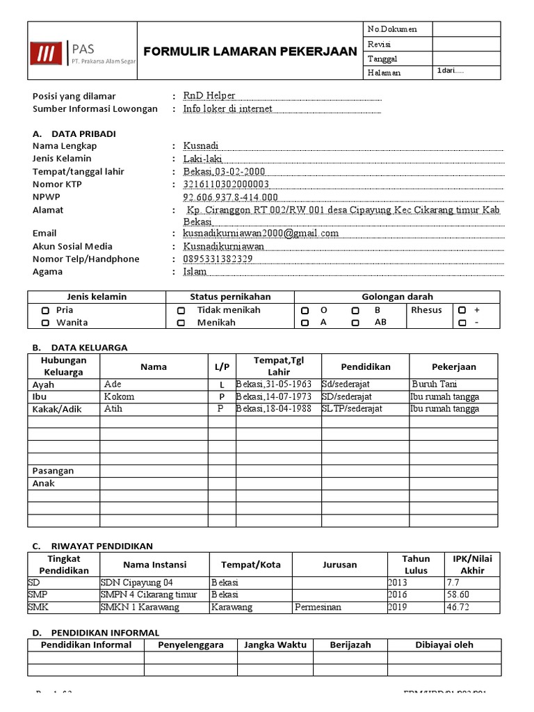 Application Form PT Prakarsa Alam Segar (Wings Group) - 1 | PDF