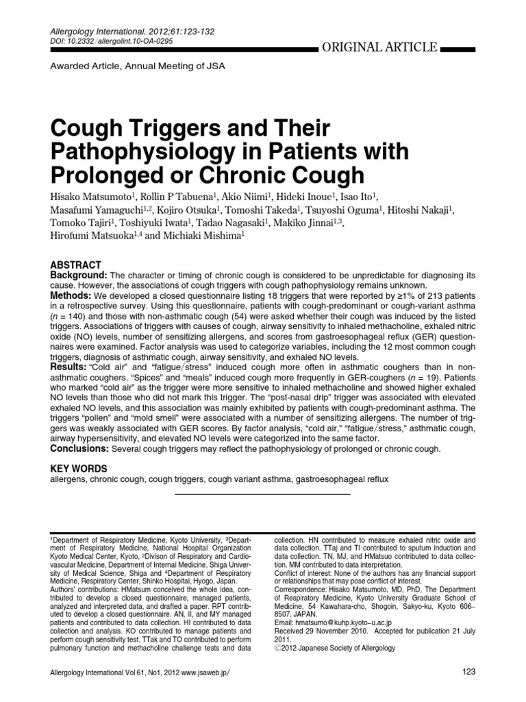 Cough Triggers and Their Pathophysiology in Patients With Prolonged or Chronic Cough | PDF ...